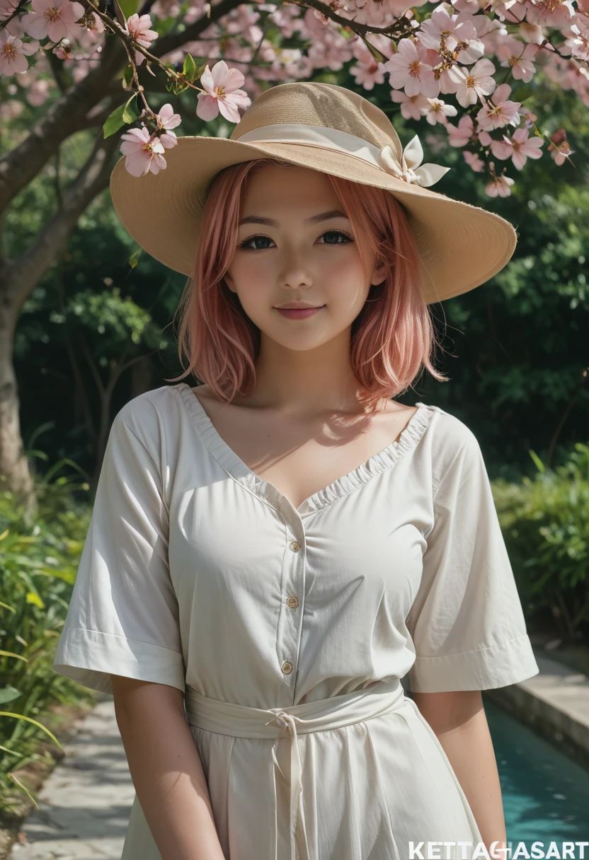 An anime girl with pink hair and green eyes is posing for a photo ...