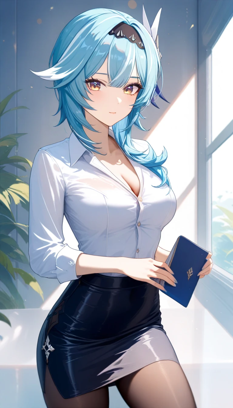 Eula_(genshin_impact), medium breasts, dark pantyhose, white shirt ...