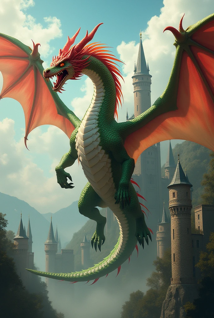 Red, white, green medieval dragon - SeaArt AI