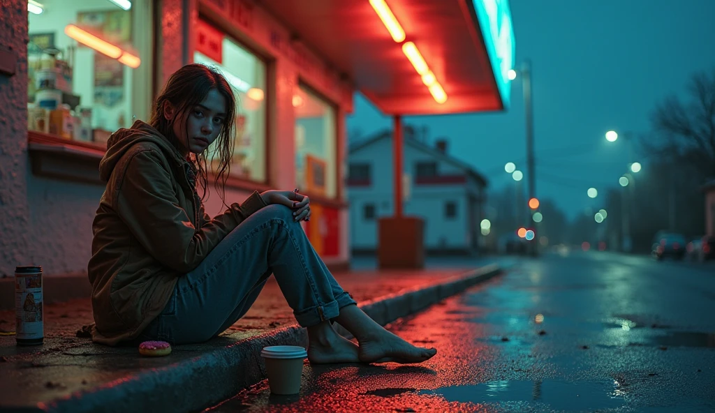 A lonely gas station at night, its flickering neon sign casting a dull ...