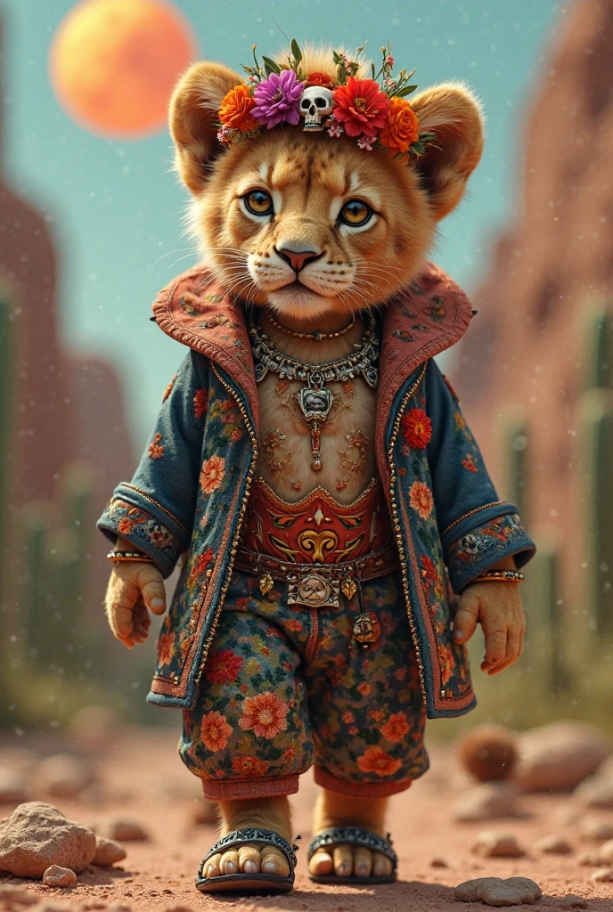 A hyper-realistic, photorealistic rendering of a tiny, realistic lion ...