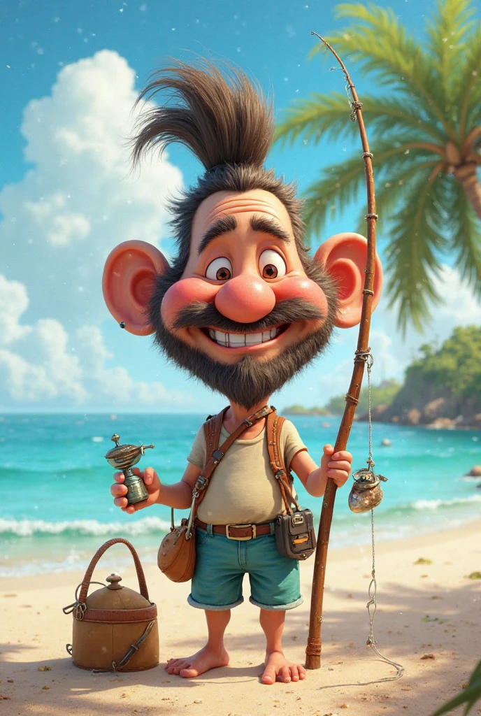 Fisherman on the beach , Big hair tied with half large cheeks on top of ...
