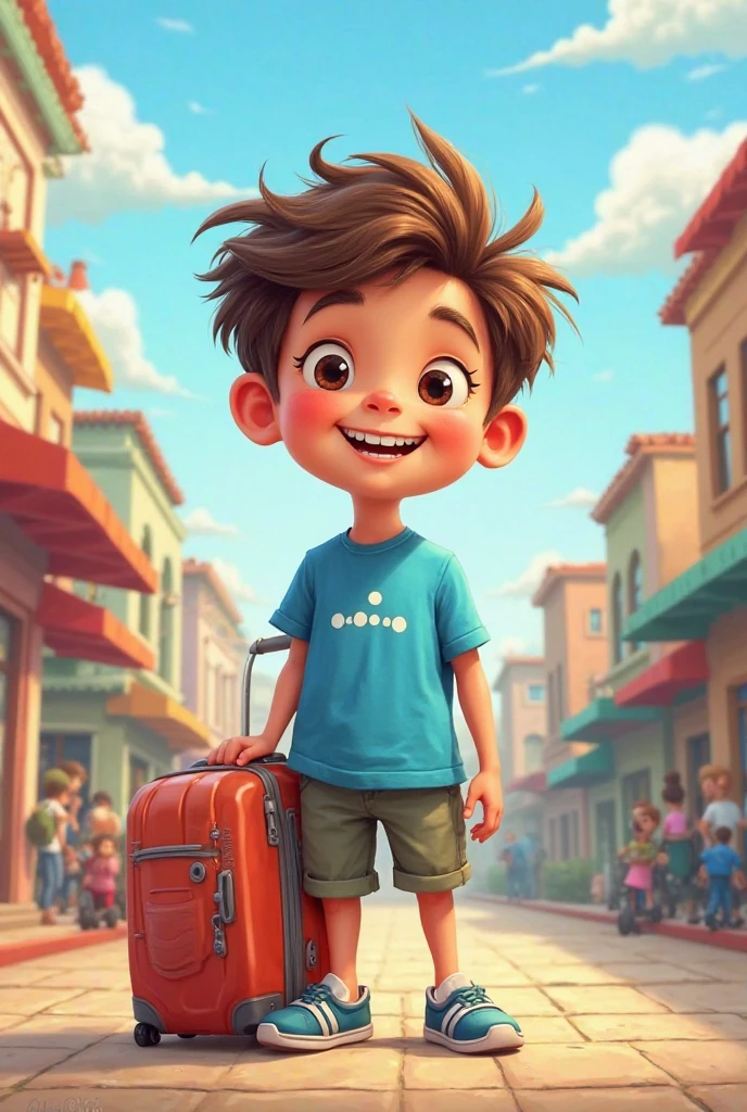 Luca, a six-year-old boy with his suitcase next to him., smiling ...