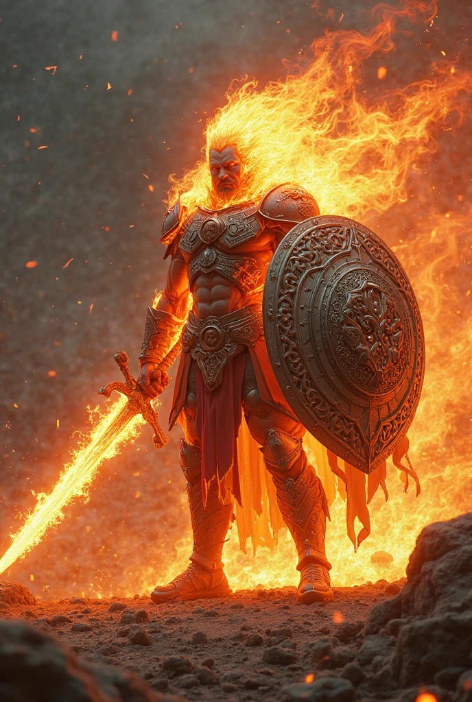 A FIRE CHARACTER WITH A SWORD AND FURIOUS SHIELD - SeaArt AI
