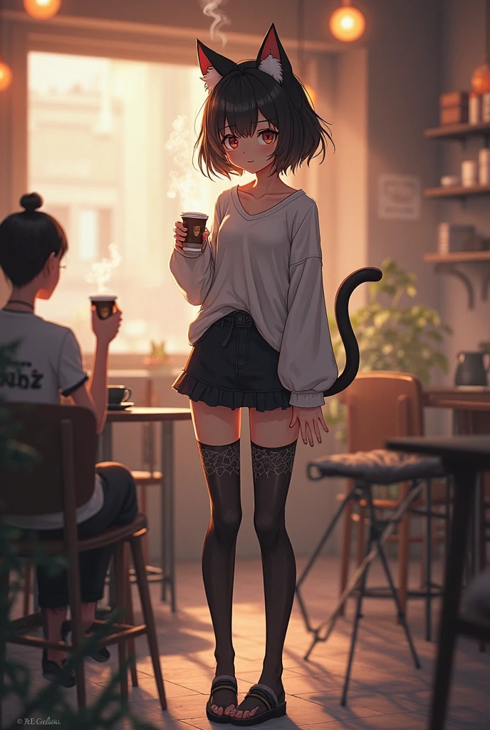 Please put on black stockings in a casual outfit of a cat girl OL anime ...