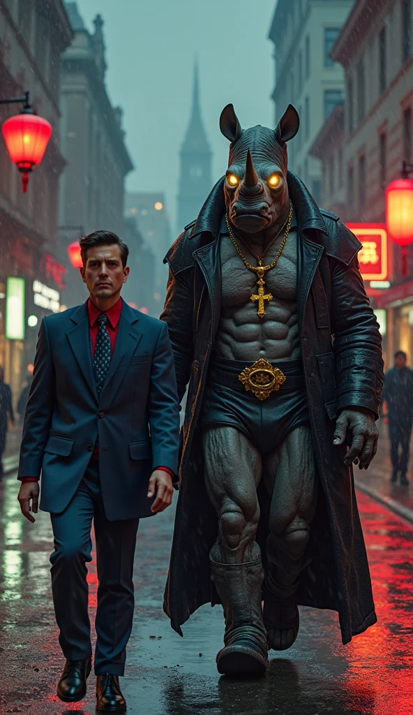 "A highly detailed cinematic scene set in a rainy urban environment at ...