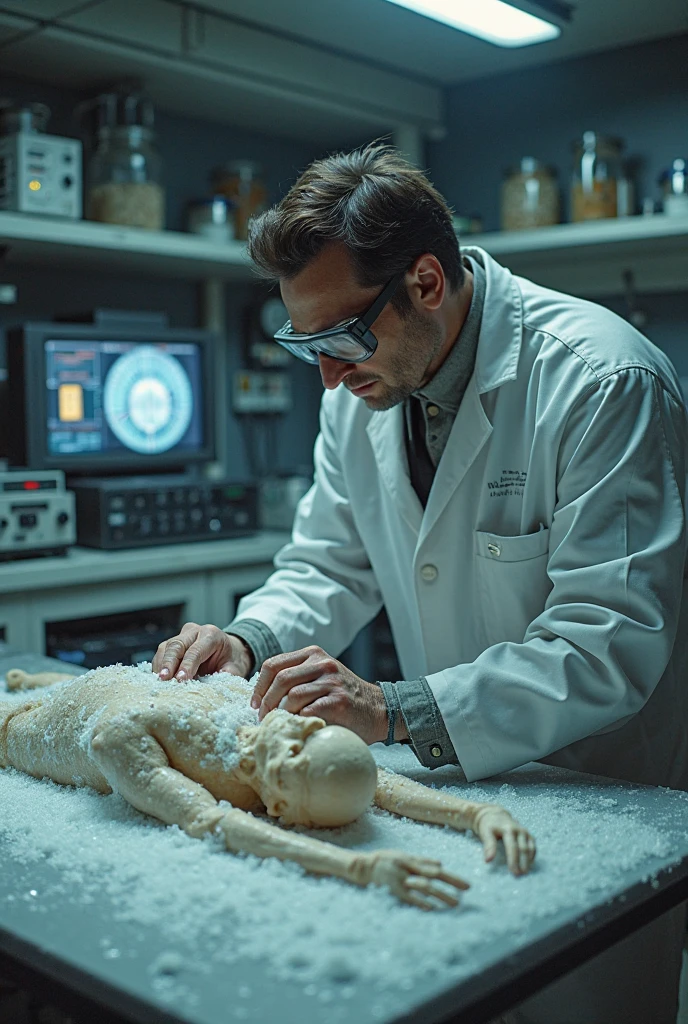 : A scientist in a lab studying a single frozen human body 1980s ...