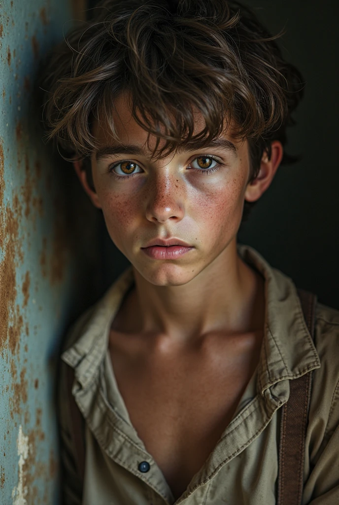 Un garçon de 17 ans brun aux yeux marrons. il porte des vêtements sales ...