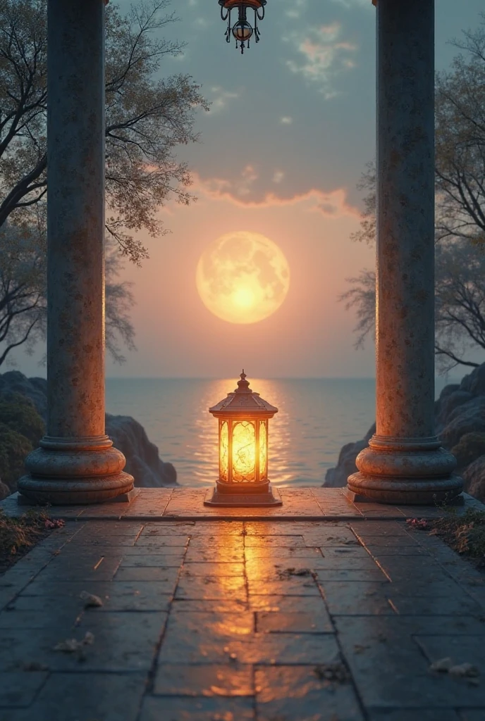A radiant sunrise over a calm ocean or a glowing lantern in a peaceful ...
