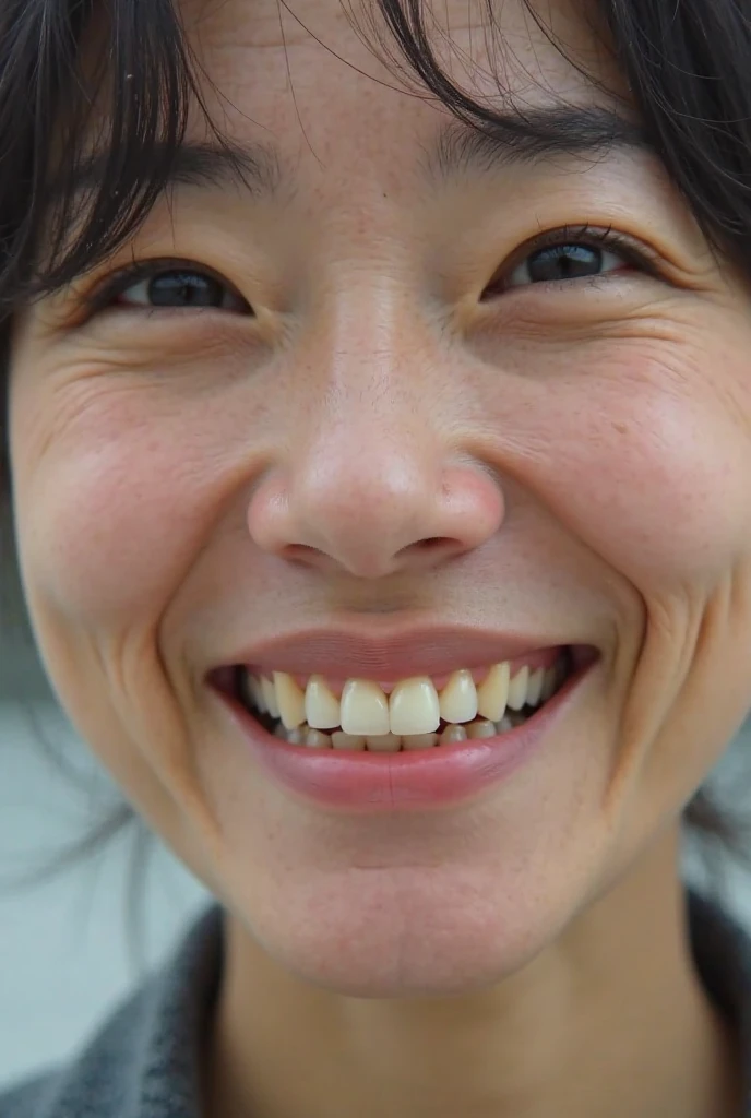 A detailed close-up of a smiling Japanese woman's mouth, clearly ...