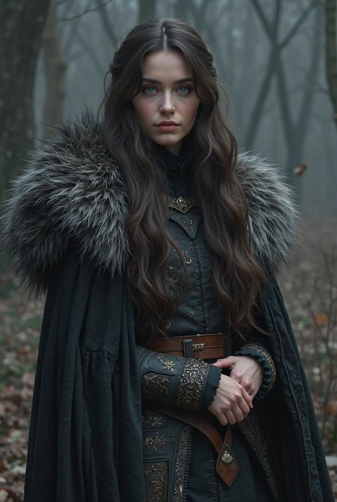Long dark brown hair, pale, Northern, sharp grey eyes, medieval style ...