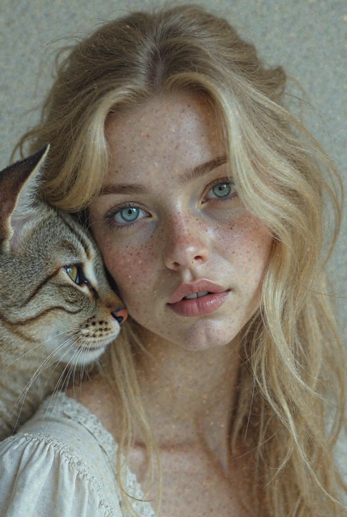 Blond woman with blue eyes looking at the face, His face has feline ...