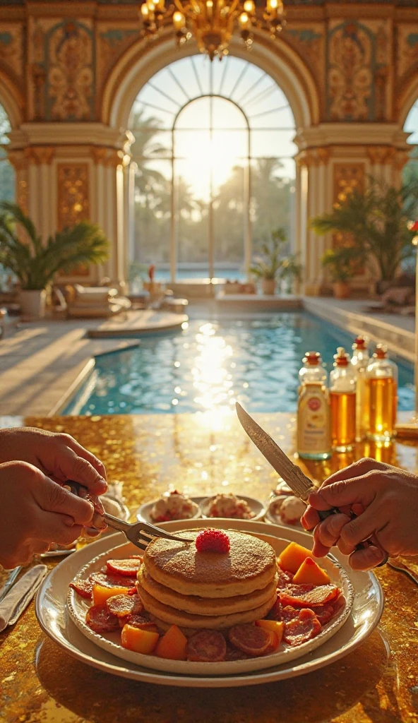 POV shot of having breakfast in an opulent golden kitchen. The entire ...