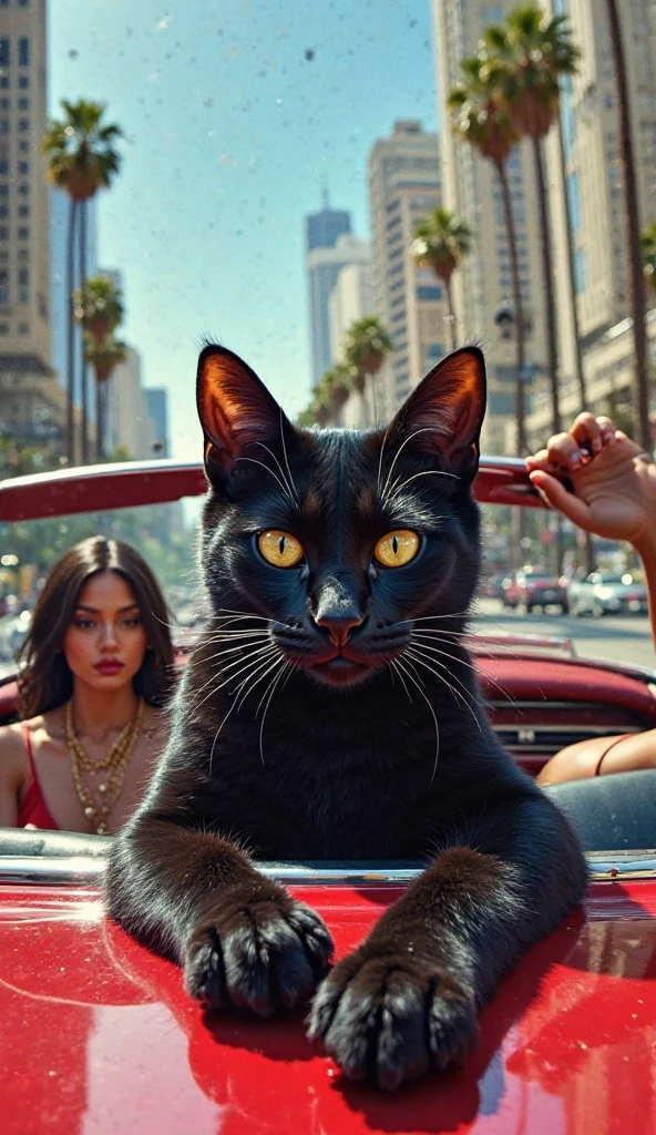 Black Cat Paws Painted in First Person , in a convertible car - SeaArt AI