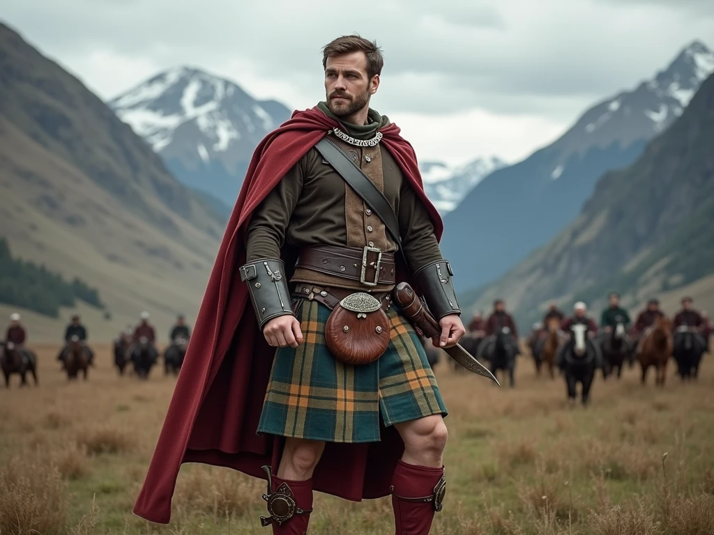 Create a handsome young Scotsman Laird, a clan chief of an athletic ...