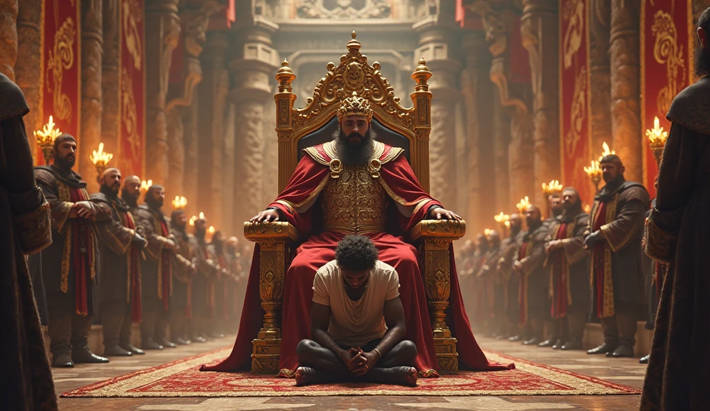 A grand royal court from 1200 years ago, featuring a majestic king ...