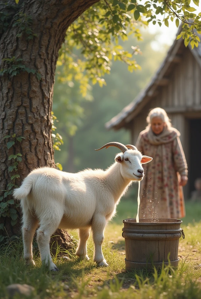 A white goat stands under a tree in front of a hut and an old ...