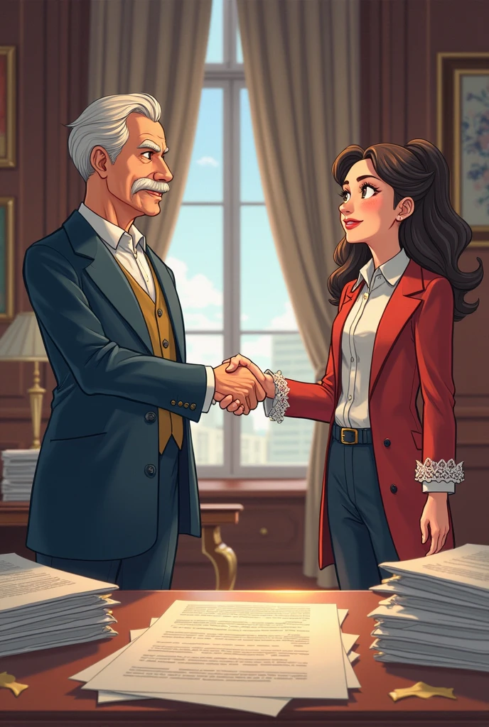 A scene from a handshake at a closed deal in the year 1850, between an ...