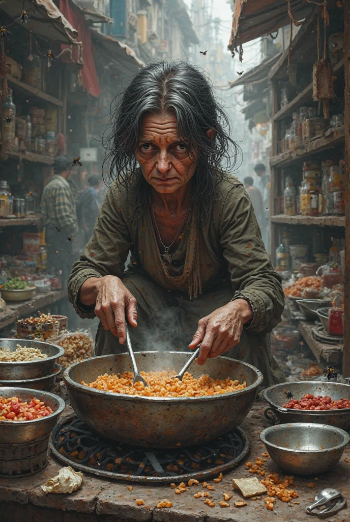 A woman with poor hygiene who sells food - SeaArt AI