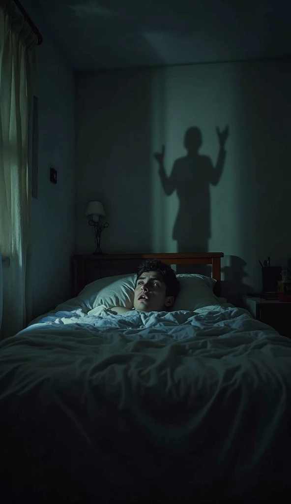 A dark, poorly lit room at night. A young man lies in bed, looking ...