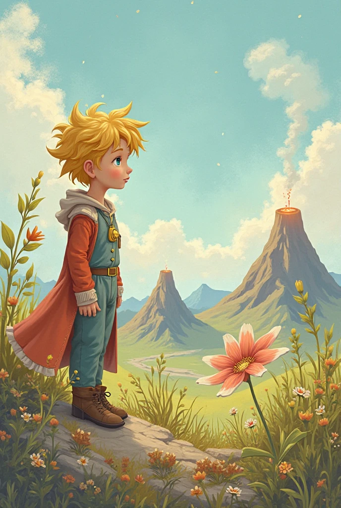 The little prince on his planet that has three volcanoes and a flower ...