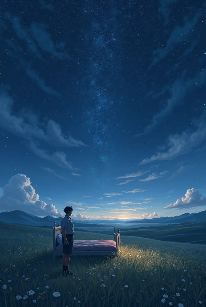Bed in the middle of nowhere, night,landscape,field, Starry Sky - SeaArt AI