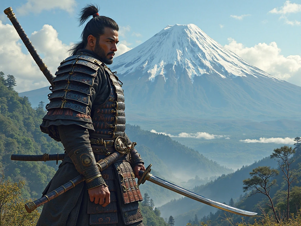 Samurai with his sword drawn in front of him in a landscape on Mount ...