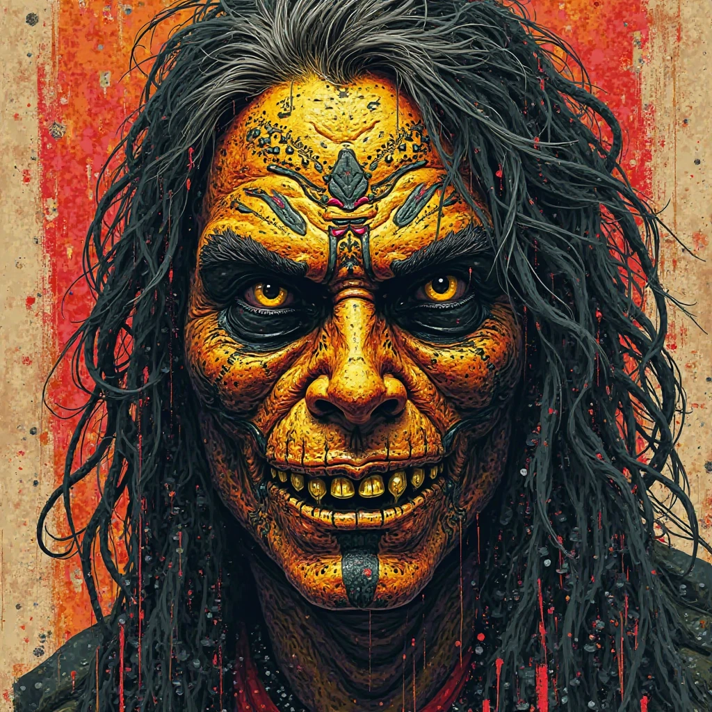 Monster with black eyes mysterious gold face with angry, facial tattoos ...