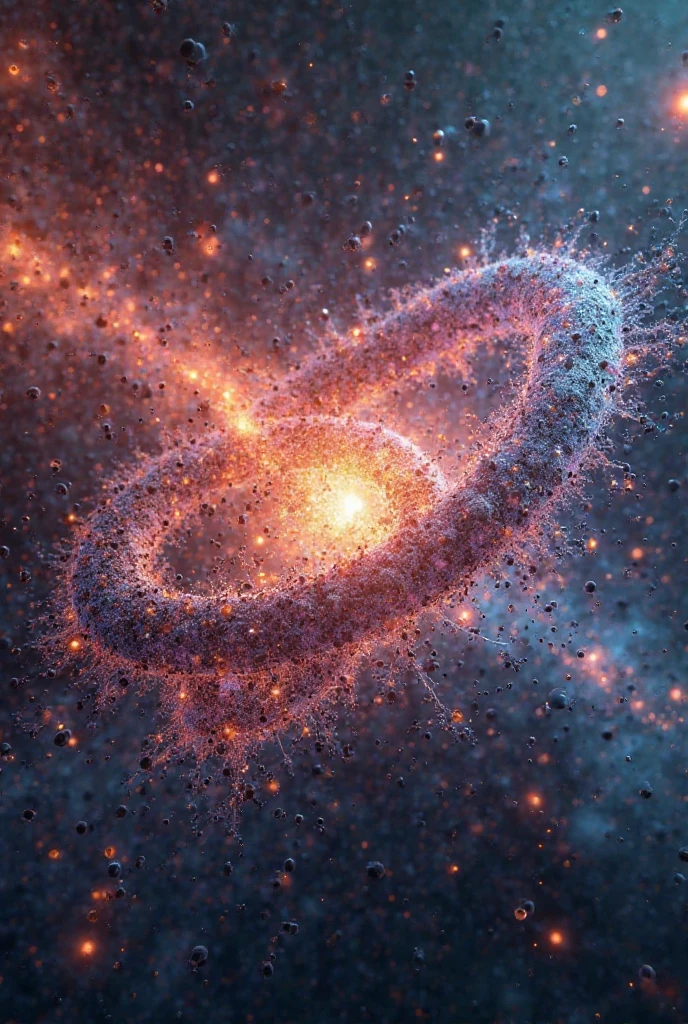 An abstract scene of subatomic particles shining in space, forming ...