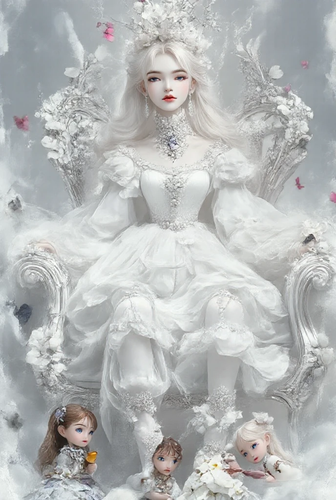 China doll, dressed in white ornate throne with long legs slumped ...