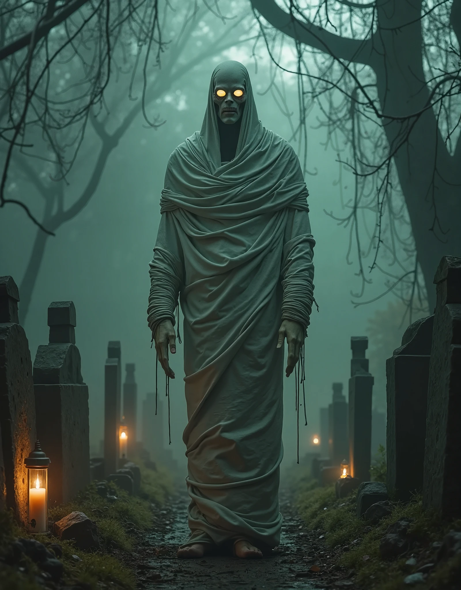 Arafed man in a ghostly robe standing in a cemetery - SeaArt AI