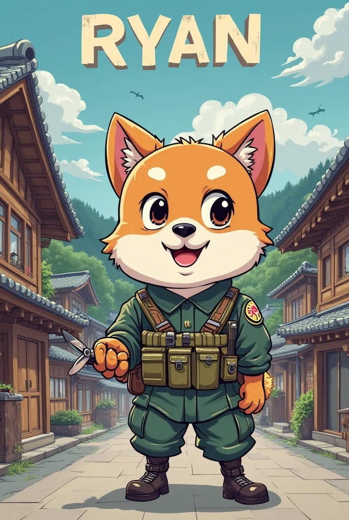 Cartoon cute dog，Wearing military uniform，Left Hand Scissors - SeaArt AI