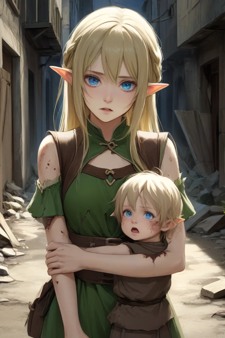 Elf girl, blond hair, blue eyes, she wears a torn green dress that ...