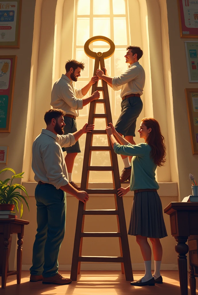 Draw the teachers holding a ladder, while students going up using the ...