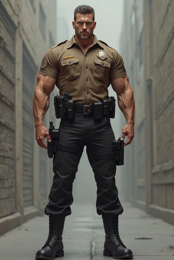 Police with tight brown shirt tight black pants tall boots in firm ...