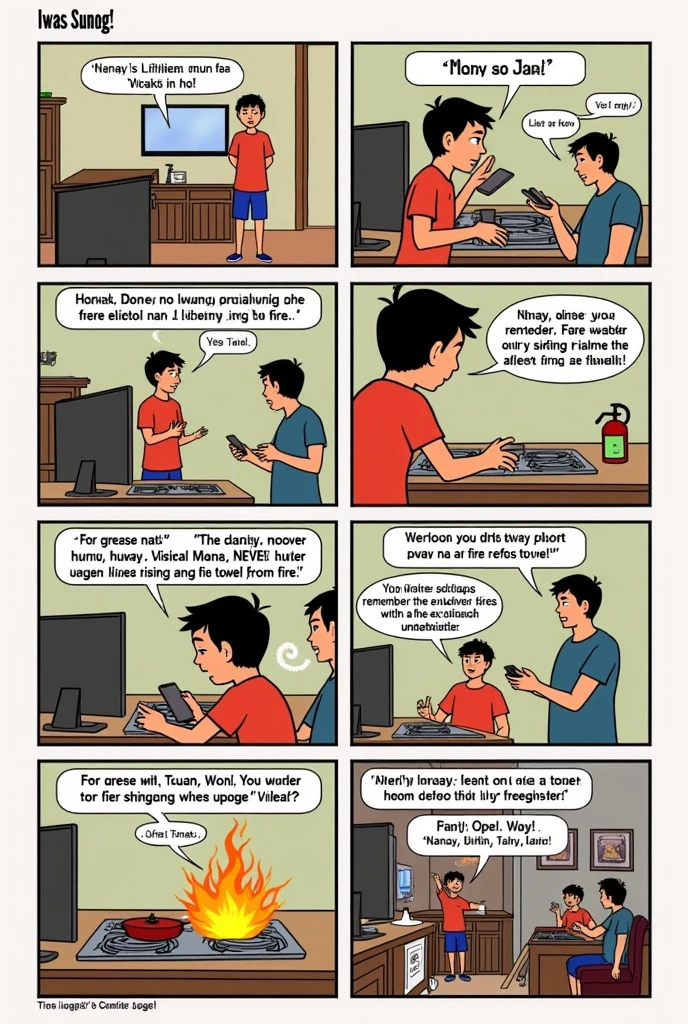 Create this comic strip: Title: "Iwas Sunog! Panel 1 Scene: A typical ...