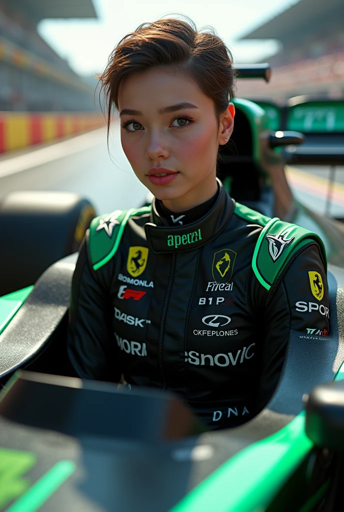 Make the image of a Formula 1 pilot in a black uniform with green ...