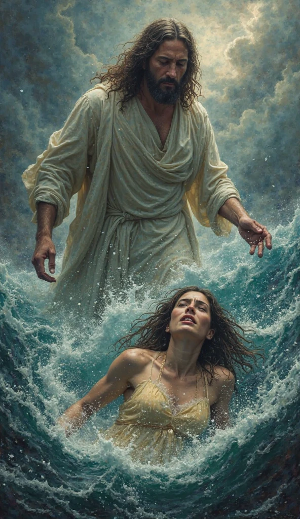 A drowning woman and Jesus behind her, in a storm - SeaArt AI