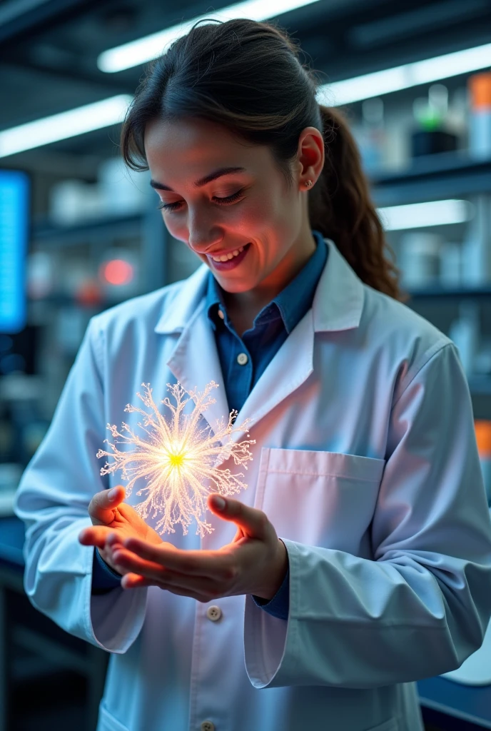 *"A hopeful scientist in a lab coat holding a glowing neuron model ...