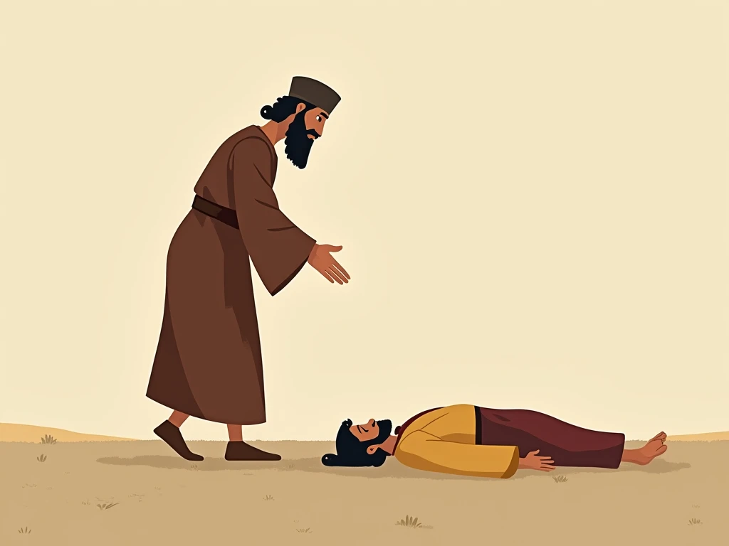 Create a minimalist cartoon image of the Good Samaritan rescuing the ...
