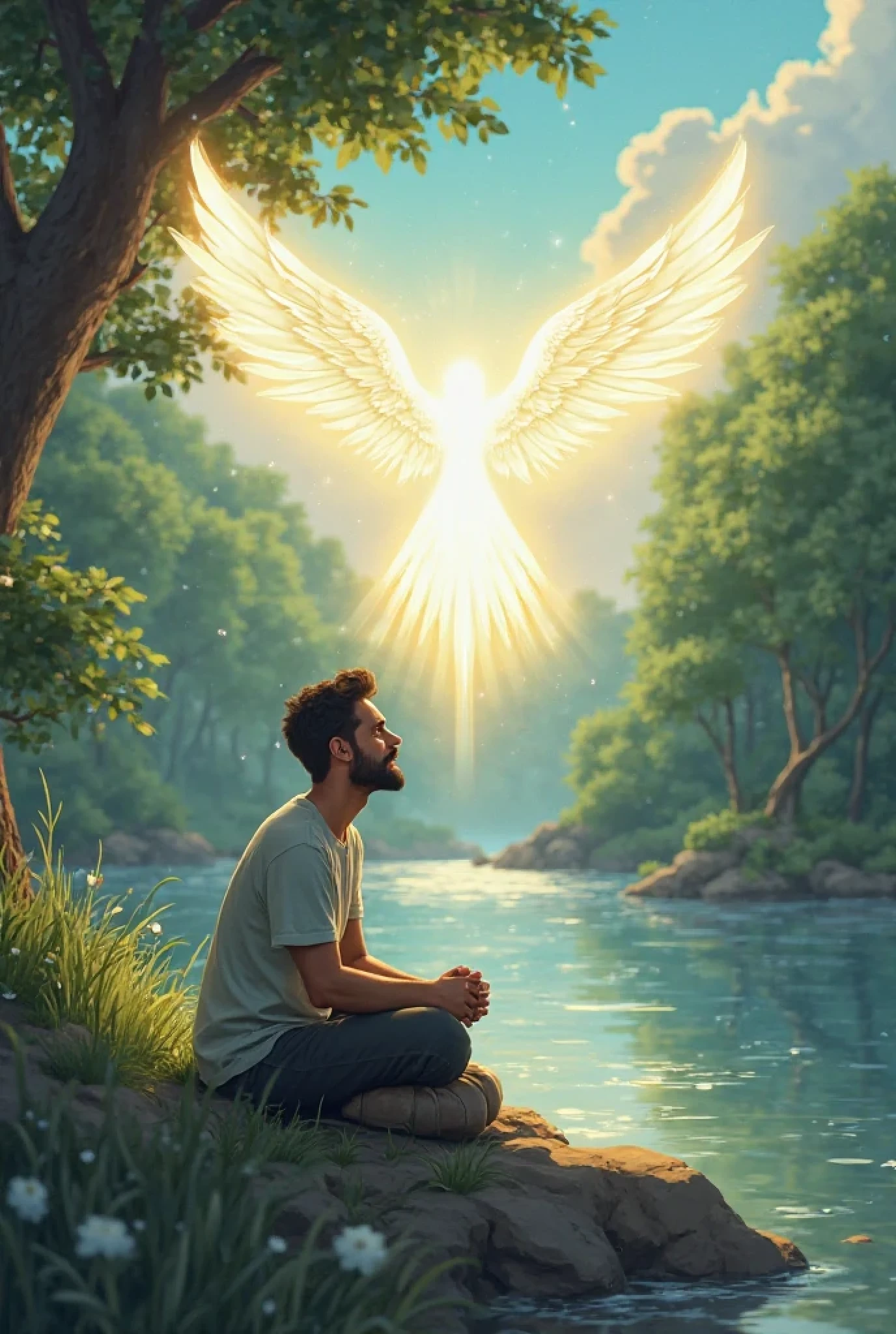 A man sitting on a rock in front of a river with a bird flying above ...