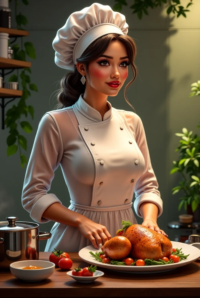 A curvaceous female chef, wearing a sexy transparent chef's shirt ...