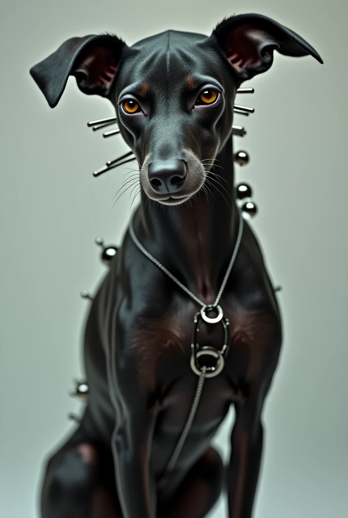 A kinky female dog with piercings on ears and body, wearing a chastity ...