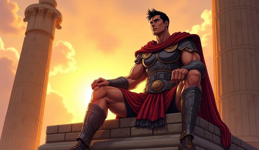 A muscular Roman man, with short dark hair and a stoic expression ...