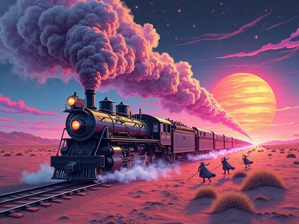 "2D drawing of a vintage locomotive train passing through a vast desert ...