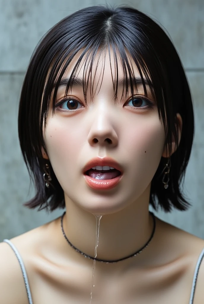 Fujiyoshi_Karin her mouth open (tongue licking glass: 1.4, delicate tongue - SeaArt AI