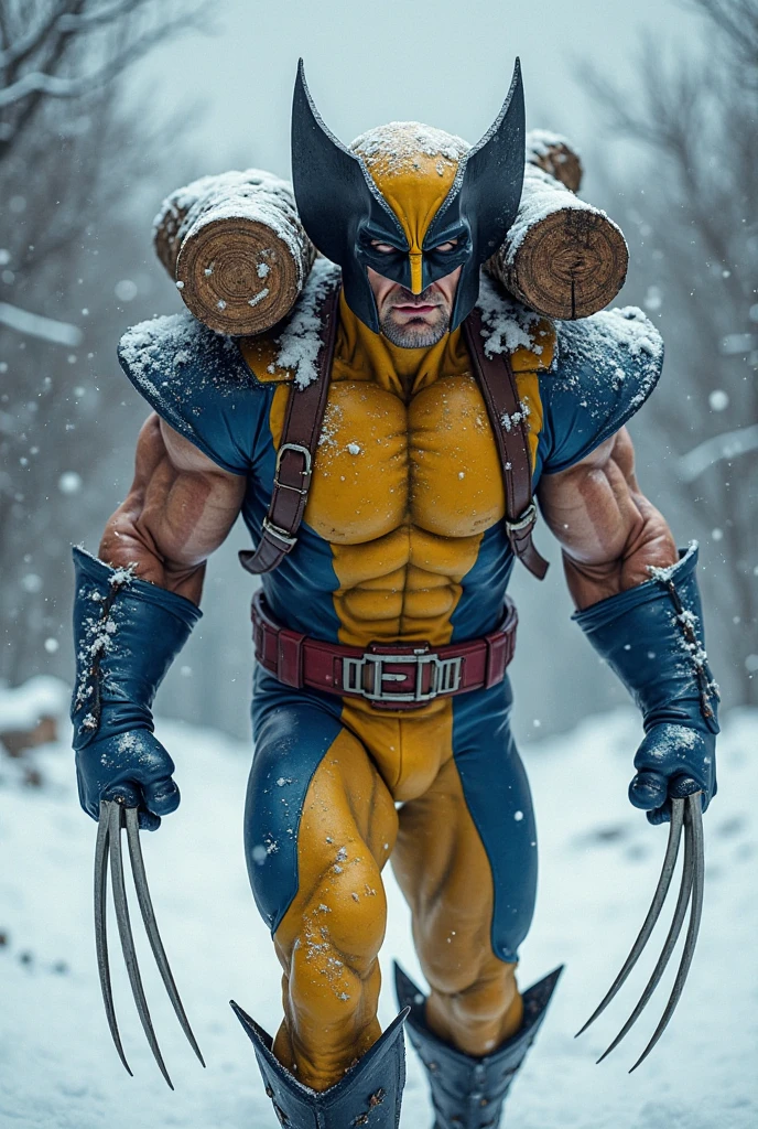 A photorealistic image of Wolverine carrying a large bundle of logs ...