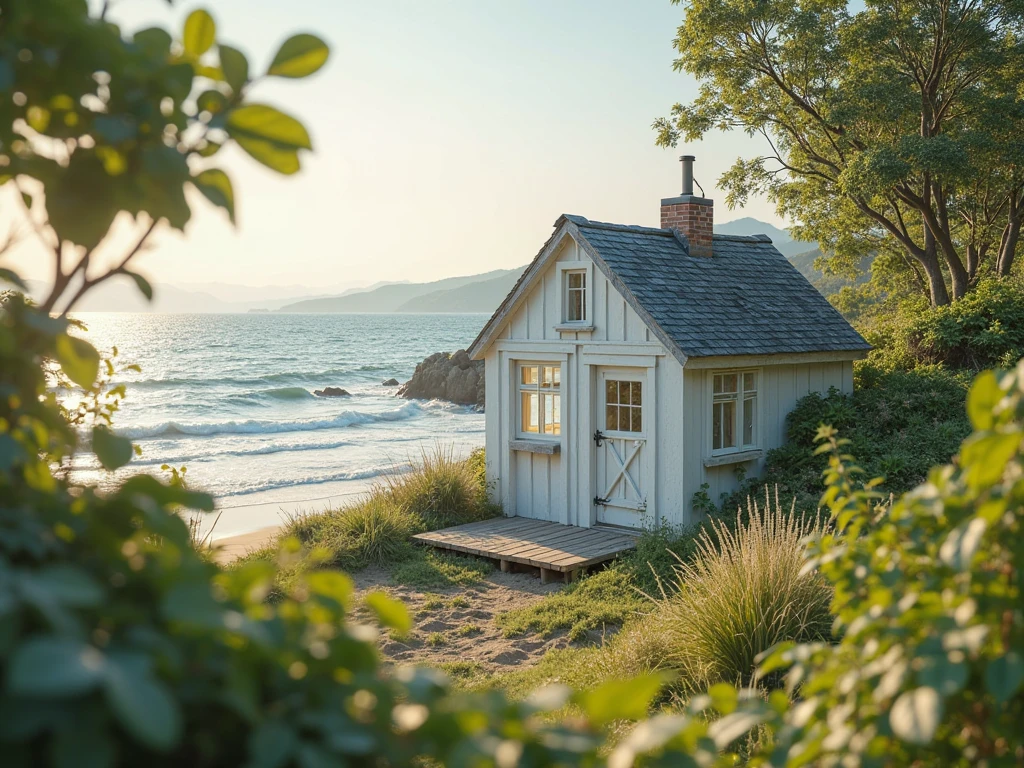 Simple rustic, white, little coastal cabin, near the shore, greenery ...