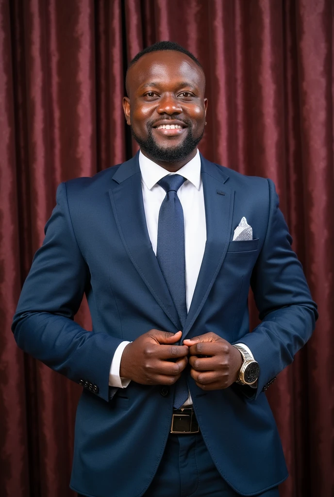 There is a man in a suit and tie standing in front of a curtain - SeaArt AI