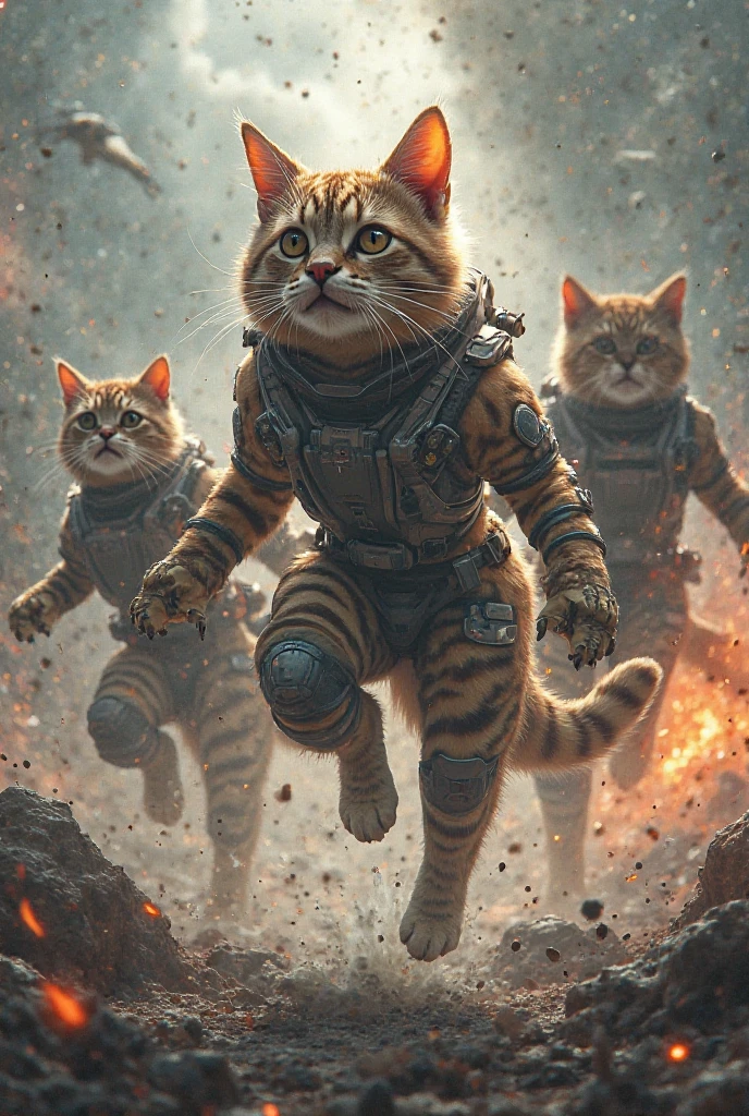 Armed cats fight to save the world from natural phenomena - SeaArt AI